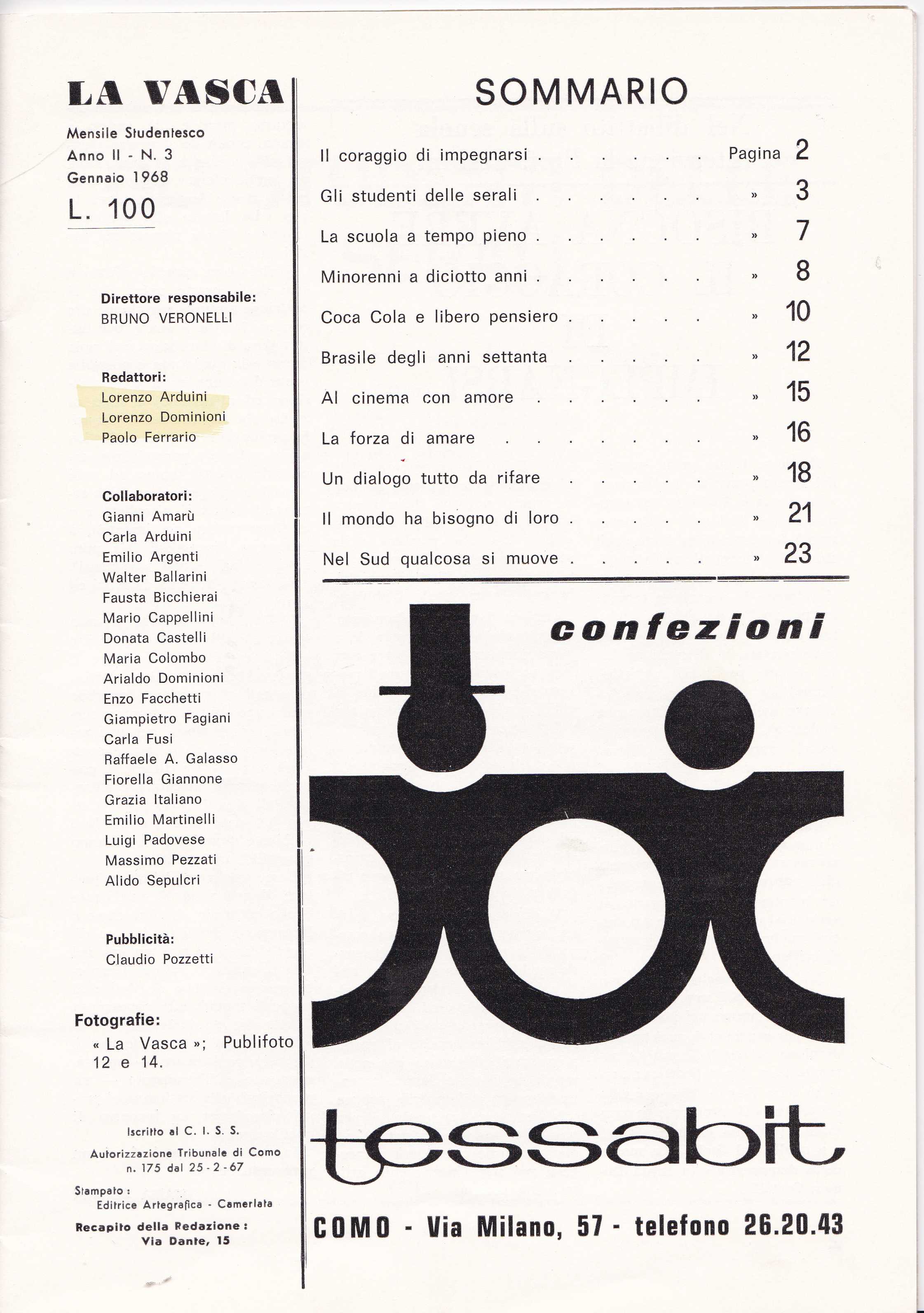 LA VASCA, periodico studentesco, Como, n. 3, 1968. Direttore: Bruno ...