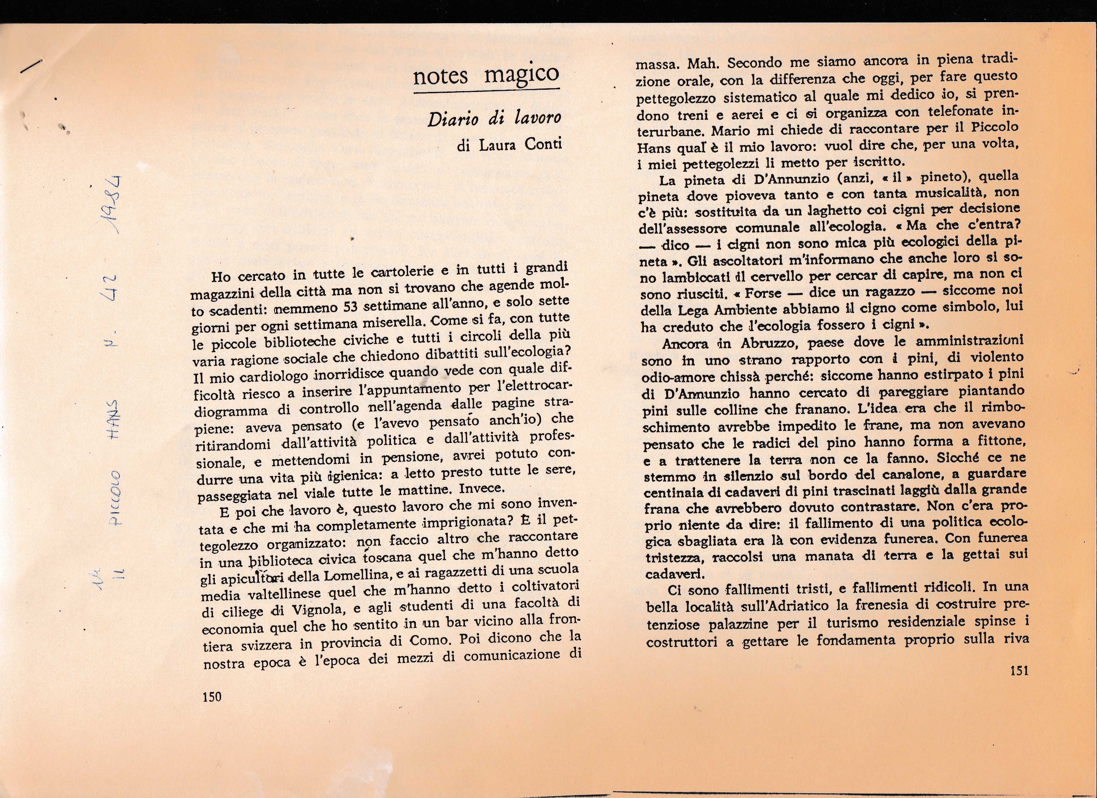 CONTI LAURA, Notes magico. Diario di lavoro, in Il piccolo Hans n. 42 ...