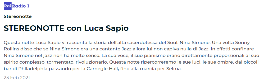 Luca Sapio racconta la storia di NINA SIMONE, Stereonotte / Rai Radio1 ...