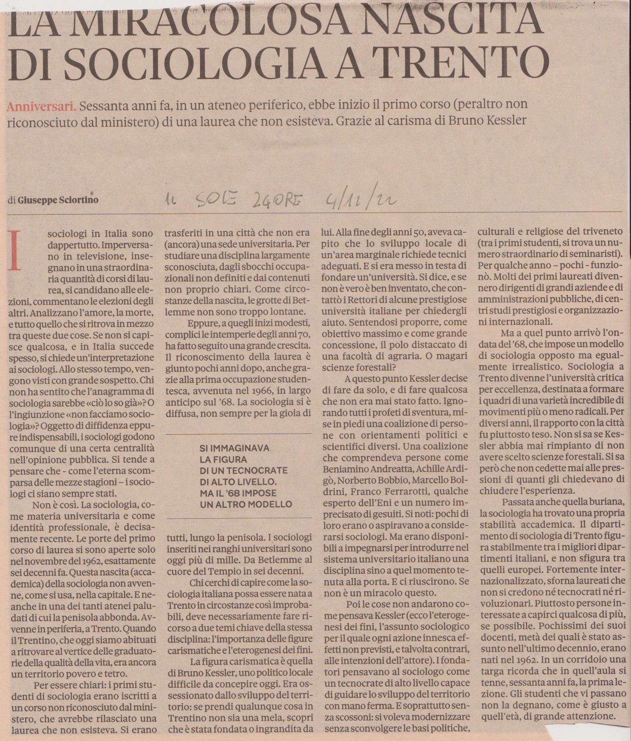 Sessant’anni fa ebbe inizio il primo corso della laurea in SOCIOLOGIA a ...